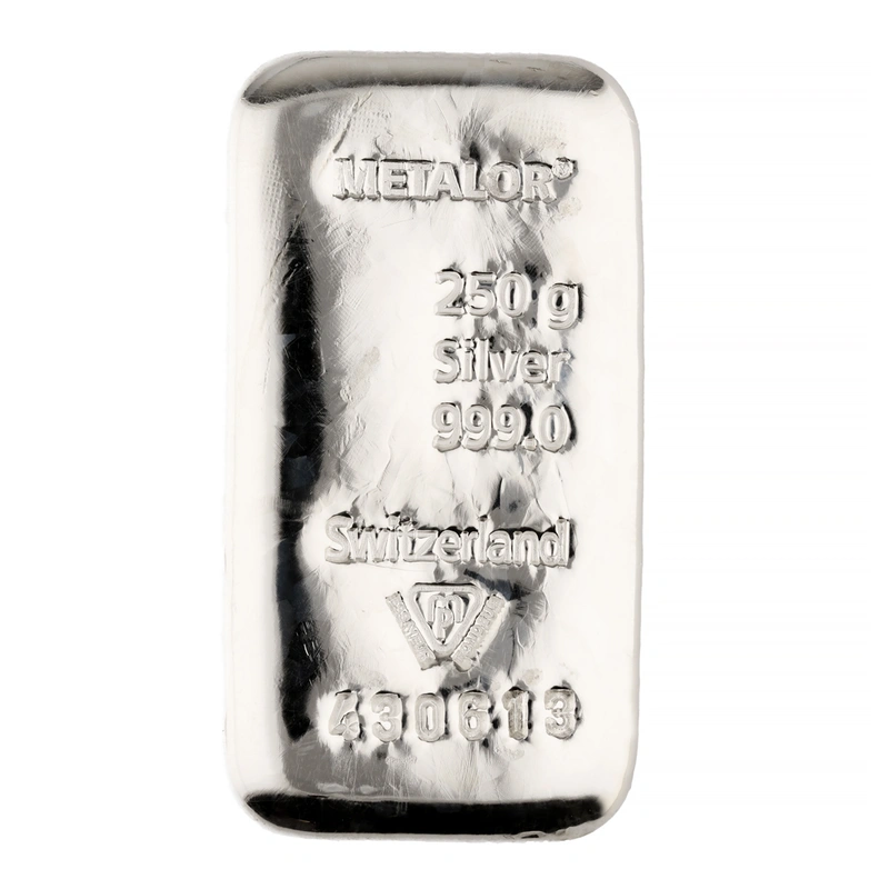 Metalor 250 Gram Silver Bar | BullionByPost - From 865,25