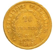 1808 20 French Francs Gold Coin Napoleon I A - From 1 214