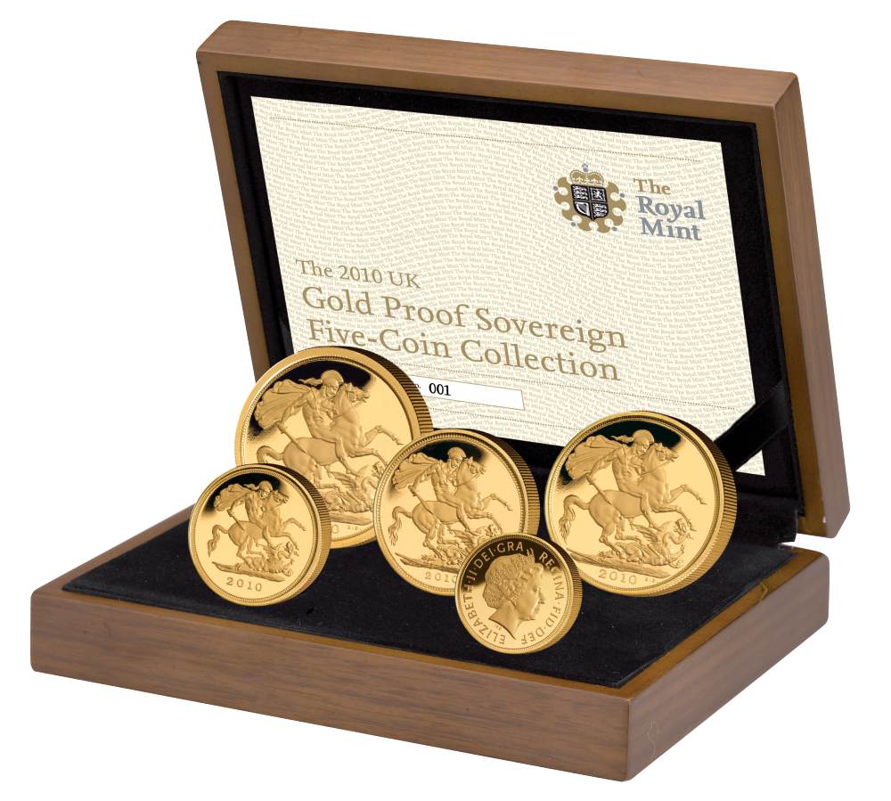 2010 - Sovereign Five Coin Set, containing a £5, £2, Sov, 1/2 Sov and 1 ...